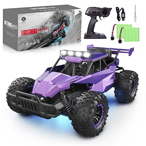 LARVEY 2WD 1:16 Scale Purple Remote Control Car, 20 Km/h High Speed Girls Monster Vehicle with LED Headlights and Chassis Lights, RC Cars for Boys and Adults