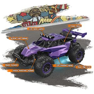 LARVEY 2WD 1:16 Scale Purple Remote Control Car, 20 Km/h High Speed Girls Monster Vehicle with LED Headlights and Chassis Lights, RC Cars for Boys and Adults