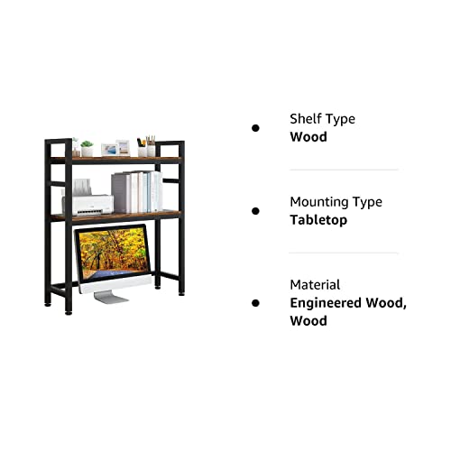 XTESMS Desktop Bookshelf, 2-Tier Multipurpose Countertop Storage Hutch for Computer Desk, Adjustable Wood Display Rack Organizer for Dorm Office Home - Brown