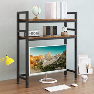 XTESMS Desktop Bookshelf, 2-Tier Multipurpose Countertop Storage Hutch for Computer Desk, Adjustable Wood Display Rack Organizer for Dorm Office Home - Brown