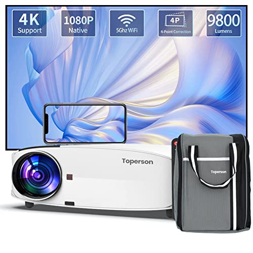 5G WiFi Home Projector, Toperson 9800LM Native 1080P 4K Supported Video Theater Projector with 4D Keystone Correction for iPhone Android Smartphone /TV/Stick/HDMI/USB/XBox/PS4/Laptop/ Tablet/PC