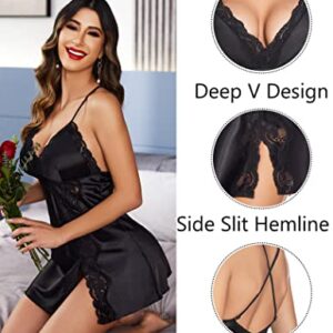 Avidlove Women Sleepwear Satin Nightgown Lace Mini Slip Chemise Short Nightwear Black X-Large