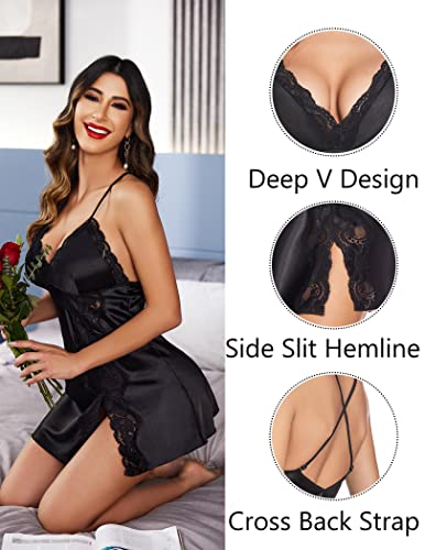 Avidlove Women Sleepwear Satin Nightgown Lace Mini Slip Chemise Short Nightwear Black X-Large