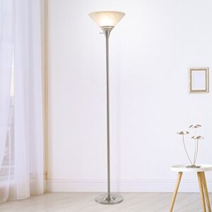 Lavish Home Torchiere Floor Lamp-Standing Light with Sturdy Metal Base and Marbleized Glass Shade-Energy Saving LED Bulb Included (Brushed Silver)