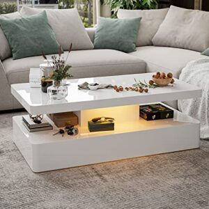 ikifly modern high glossy white coffee table with 16 colors led lights, contemporary rectangle design living room furniture, 2 tiers