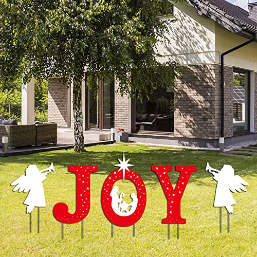 Outdoor Christmas Decorations -JOY Nativity Sets for Outdoor Xmas Religious Scenes Yard Decor with Stake for Home Lawn Pathway Walkway, Red, White