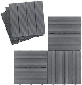 jp outdoor 9 pcs pe interlocking patio deck tiles, 12 x 12in 4-slats straight pattern grey floor covering for patio shower garden balcony