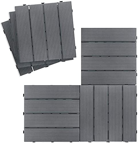 JP Outdoor 9 Pcs PE Interlocking Patio Deck Tiles, 12 x 12in 4-Slats Straight Pattern Grey Floor Covering for Patio Shower Garden Balcony