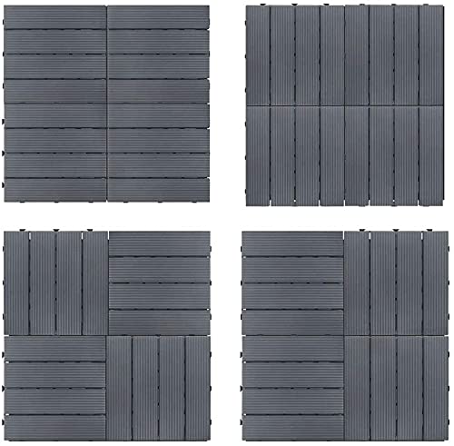 JP Outdoor 9 Pcs PE Interlocking Patio Deck Tiles, 12 x 12in 4-Slats Straight Pattern Grey Floor Covering for Patio Shower Garden Balcony