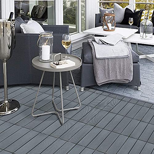 JP Outdoor 9 Pcs PE Interlocking Patio Deck Tiles, 12 x 12in 4-Slats Straight Pattern Grey Floor Covering for Patio Shower Garden Balcony