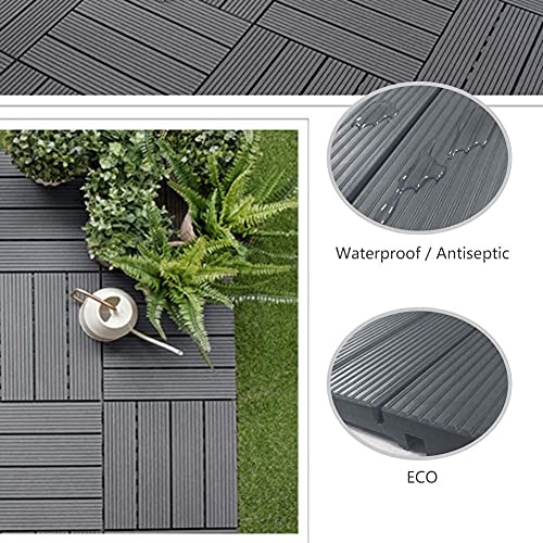 JP Outdoor 9 Pcs PE Interlocking Patio Deck Tiles, 12 x 12in 4-Slats Straight Pattern Grey Floor Covering for Patio Shower Garden Balcony