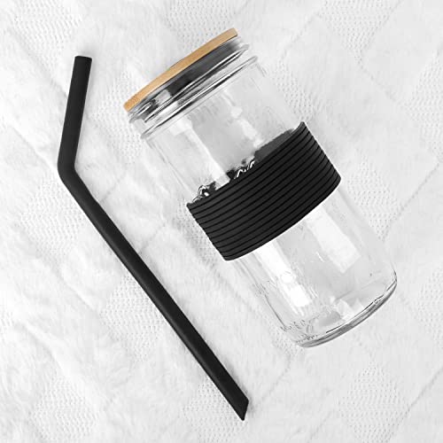 Mason Jar with Lid and Straw, 24oz Wide Mouth Mason Jar Drinking Glasses Tumbler Silicone Straw Bamboo Lid Silicone Sleeve, Reusable Boba Cups Travel Bottle for Iced Coffee Large Pearl Juice, Black