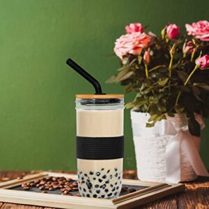 Mason Jar with Lid and Straw, 24oz Wide Mouth Mason Jar Drinking Glasses Tumbler Silicone Straw Bamboo Lid Silicone Sleeve, Reusable Boba Cups Travel Bottle for Iced Coffee Large Pearl Juice, Black