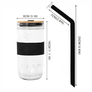 Mason Jar with Lid and Straw, 24oz Wide Mouth Mason Jar Drinking Glasses Tumbler Silicone Straw Bamboo Lid Silicone Sleeve, Reusable Boba Cups Travel Bottle for Iced Coffee Large Pearl Juice, Black