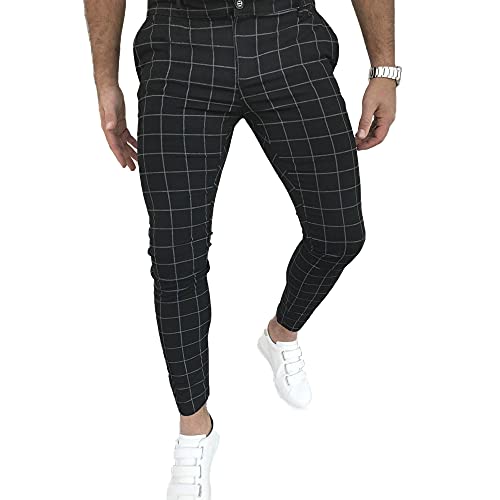 Men's Fashion Stretch Pants Slim Fit Plaid Skinny Long Pants Casual Business Golf Dress Pants Black