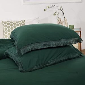 Smoofy Queen Duvet Cover Emerald Green Duvet Cover Queen Size, 3 Pcs Bohemian Fringe Tufted Soft Tassel Microfiber Dark Green Duvet Cover with Zipper Closure (1 Duvet Cover, 2 Pillowcases)