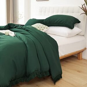 Smoofy Queen Duvet Cover Emerald Green Duvet Cover Queen Size, 3 Pcs Bohemian Fringe Tufted Soft Tassel Microfiber Dark Green Duvet Cover with Zipper Closure (1 Duvet Cover, 2 Pillowcases)