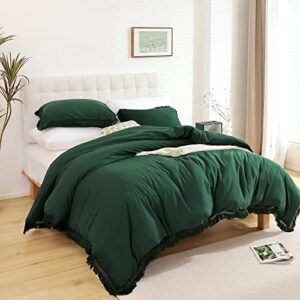 Smoofy Queen Duvet Cover Emerald Green Duvet Cover Queen Size, 3 Pcs Bohemian Fringe Tufted Soft Tassel Microfiber Dark Green Duvet Cover with Zipper Closure (1 Duvet Cover, 2 Pillowcases)