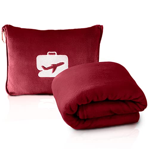 EverSnug Travel Blanket and Pillow - Premium Soft 2 in 1 Airplane Blanket with Soft Bag Pillowcase, Hand Luggage Sleeve and Backpack Clip (Burgundy)