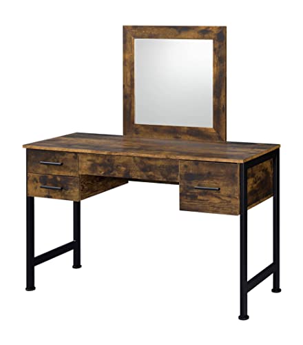 Acme Furniture Juvanth Vanity Desk and Mirror, Rustic Oak, Black