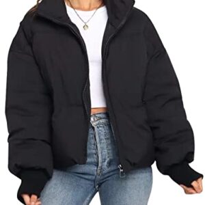 Gihuo Women’s Winter Warm Long Sleeve Zip Front Short Baggy Puffer Jacket with Pockets(Black-L)