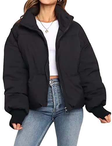 Gihuo Women’s Winter Warm Long Sleeve Zip Front Short Baggy Puffer Jacket with Pockets(Black-L)