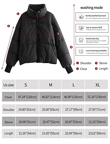 Gihuo Women’s Winter Warm Long Sleeve Zip Front Short Baggy Puffer Jacket with Pockets(Black-L)