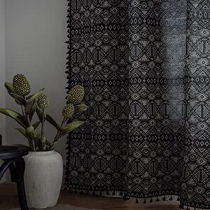 Boho Geometric Semi-Blackout Curtains for Bedroom Farmhouse Room Decor Curtains 2 Panels Black White Burlap Linen Curtains Rod Pocket for Living Room,Tassel,52 x 84 Inches