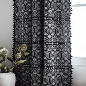 boho geometric semi-blackout curtains for bedroom farmhouse room decor curtains 2 panels black white burlap linen curtains rod pocket for living room,tassel,52 x 84 inches