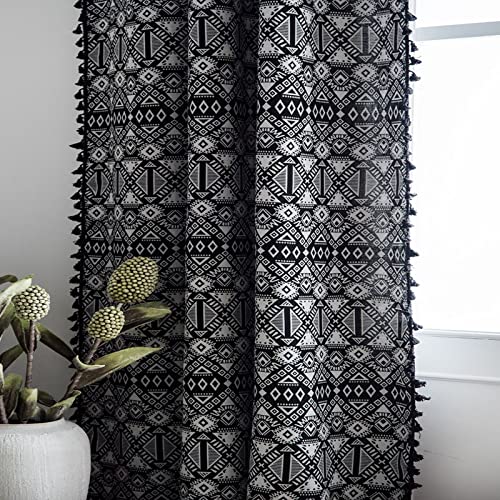 Boho Geometric Semi-Blackout Curtains for Bedroom Farmhouse Room Decor Curtains 2 Panels Black White Burlap Linen Curtains Rod Pocket for Living Room,Tassel,52 x 84 Inches