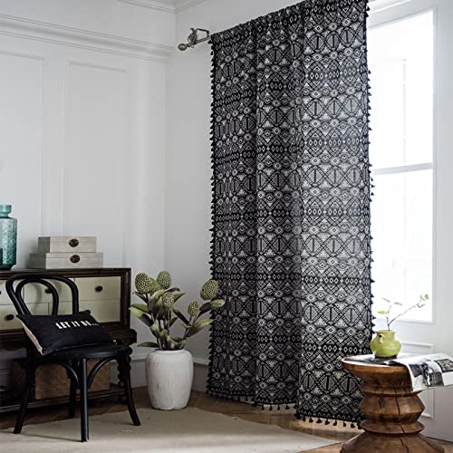 Boho Geometric Semi-Blackout Curtains for Bedroom Farmhouse Room Decor Curtains 2 Panels Black White Burlap Linen Curtains Rod Pocket for Living Room,Tassel,52 x 84 Inches