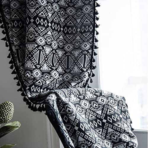 Boho Geometric Semi-Blackout Curtains for Bedroom Farmhouse Room Decor Curtains 2 Panels Black White Burlap Linen Curtains Rod Pocket for Living Room,Tassel,52 x 84 Inches