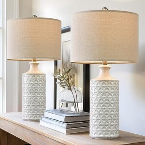 PoKat 24.75" Modern Contemporary Ceramic End Table Lamps Set of 2 for Living/Study Room Desk Décor,Bedside,Nightstand Lamps for Bedroom Office Farmhouse,White