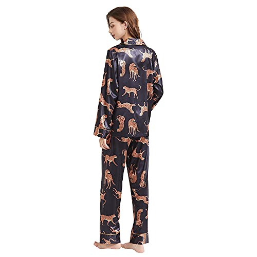 Belle Heure Women’s Silk Satin Classic Long Sleeve Pajamas Button Down Silky Floral Animals Pattern Set Loungewear Sleepwear Leopard Black