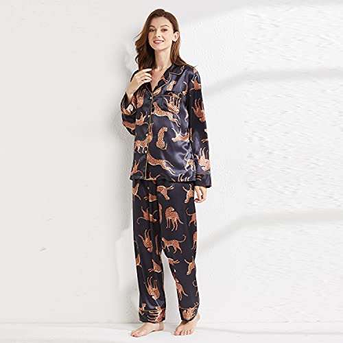 Belle Heure Women’s Silk Satin Classic Long Sleeve Pajamas Button Down Silky Floral Animals Pattern Set Loungewear Sleepwear Leopard Black