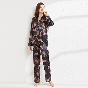 Belle Heure Women’s Silk Satin Classic Long Sleeve Pajamas Button Down Silky Floral Animals Pattern Set Loungewear Sleepwear Leopard Black