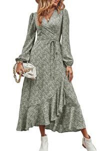 prettygarden women's bohemian dress wrap v neck long sleeve high split flowy ruffle floral maxi dress with belt (green, medium)