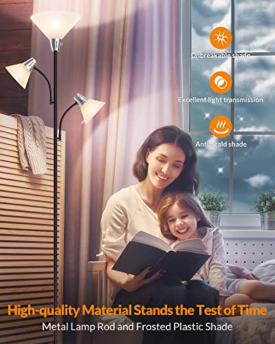 LEPOWER Floor Lamp with Replaceable 3000K Energy-Saving LED Bulbs , 9W LED Standing Lamp with 5W Adjustable Reading Lights, Modern Bright Black Floor Lamp for Living Room, Bedroom, Office