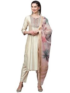 indo era indian women's off white viscose embroidered calf length straight kurta pant with dupatta set