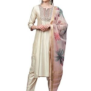 INDO ERA Indian Women's Off White Viscose Embroidered Calf Length Straight Kurta Pant With Dupatta Set