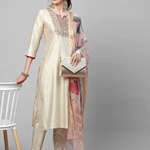 INDO ERA Indian Women's Off White Viscose Embroidered Calf Length Straight Kurta Pant With Dupatta Set