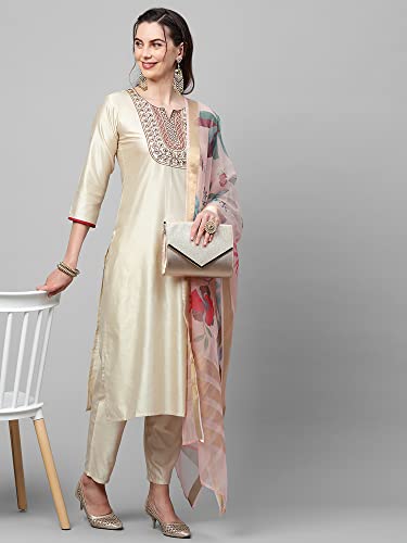 INDO ERA Indian Women's Off White Viscose Embroidered Calf Length Straight Kurta Pant With Dupatta Set