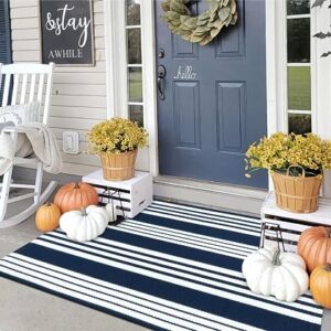 OJIA Blue and White Outdoor Rug 3’x 5‘ Cotton Hand Woven Striped Front Porch Rug Machine Washable Indoor Outdoor Rugs Farmhouse Layered Door Mat for Entryway/Kitchen/Laundry/Living Room/Bathroom