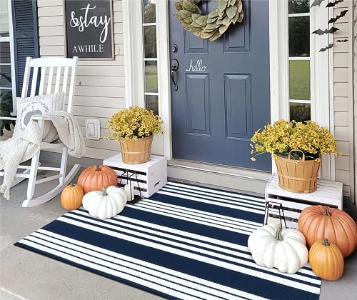 OJIA Blue and White Outdoor Rug 3’x 5‘ Cotton Hand Woven Striped Front Porch Rug Machine Washable Indoor Outdoor Rugs Farmhouse Layered Door Mat for Entryway/Kitchen/Laundry/Living Room/Bathroom