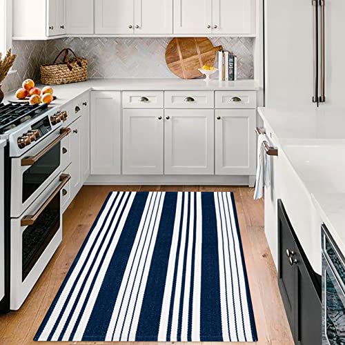 OJIA Blue and White Outdoor Rug 3’x 5‘ Cotton Hand Woven Striped Front Porch Rug Machine Washable Indoor Outdoor Rugs Farmhouse Layered Door Mat for Entryway/Kitchen/Laundry/Living Room/Bathroom