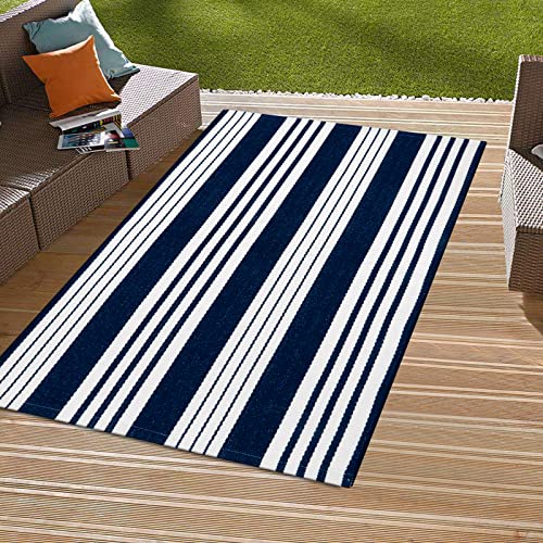 OJIA Blue and White Outdoor Rug 3’x 5‘ Cotton Hand Woven Striped Front Porch Rug Machine Washable Indoor Outdoor Rugs Farmhouse Layered Door Mat for Entryway/Kitchen/Laundry/Living Room/Bathroom