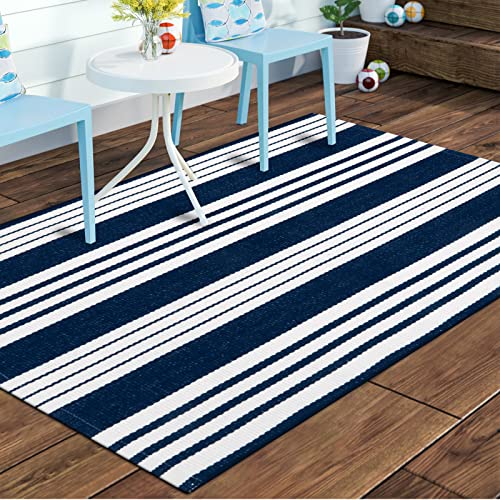 OJIA Blue and White Outdoor Rug 3’x 5‘ Cotton Hand Woven Striped Front Porch Rug Machine Washable Indoor Outdoor Rugs Farmhouse Layered Door Mat for Entryway/Kitchen/Laundry/Living Room/Bathroom