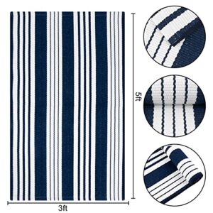 OJIA Blue and White Outdoor Rug 3’x 5‘ Cotton Hand Woven Striped Front Porch Rug Machine Washable Indoor Outdoor Rugs Farmhouse Layered Door Mat for Entryway/Kitchen/Laundry/Living Room/Bathroom