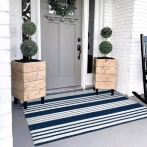 OJIA Blue and White Outdoor Rug 3’x 5‘ Cotton Hand Woven Striped Front Porch Rug Machine Washable Indoor Outdoor Rugs Farmhouse Layered Door Mat for Entryway/Kitchen/Laundry/Living Room/Bathroom