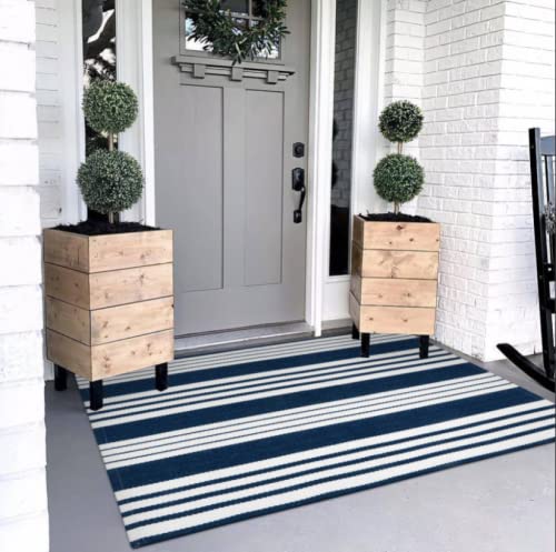 OJIA Blue and White Outdoor Rug 3’x 5‘ Cotton Hand Woven Striped Front Porch Rug Machine Washable Indoor Outdoor Rugs Farmhouse Layered Door Mat for Entryway/Kitchen/Laundry/Living Room/Bathroom